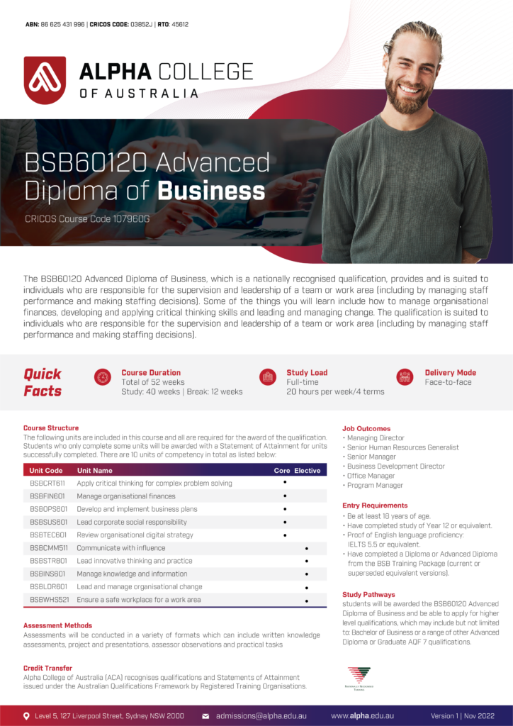 Advanced Diploma of Business – Alpha College