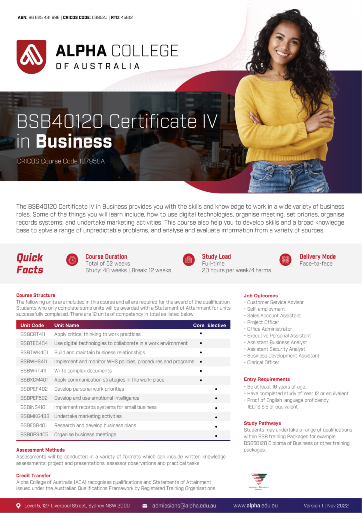 Certificate IV in Business – Alpha College